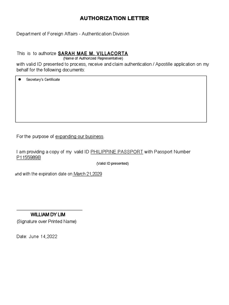 Authorization Letter for DFA Apostille | PDF | Business | Finance ...