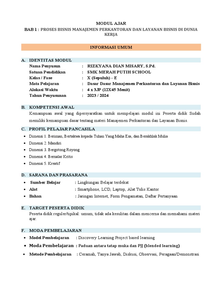 Modul Ajar 1 PP Fase E | PDF