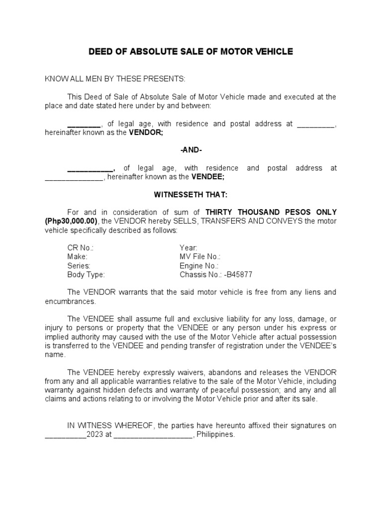 Deed of Absolute Sale Motor Vehicle | PDF
