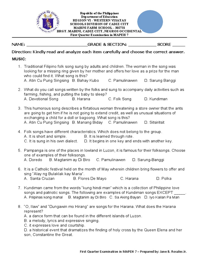 1st Grading MAPEH 7 Exam | PDF