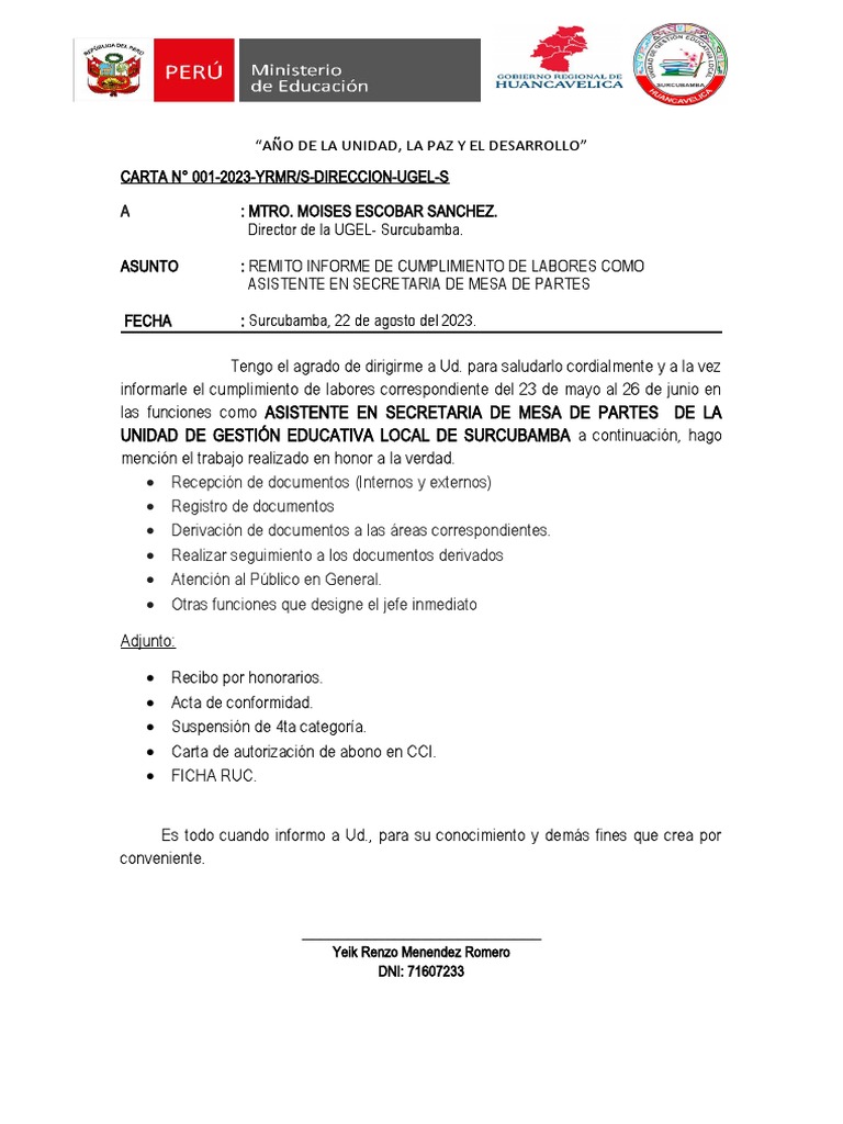 Carta de Informe de Labores Renzo | PDF | Finanzas y administración del ...