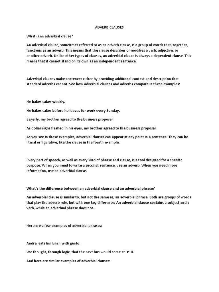 Adverbial Clauses: Types & Exercises | PDF | Language Arts & Discipline ...