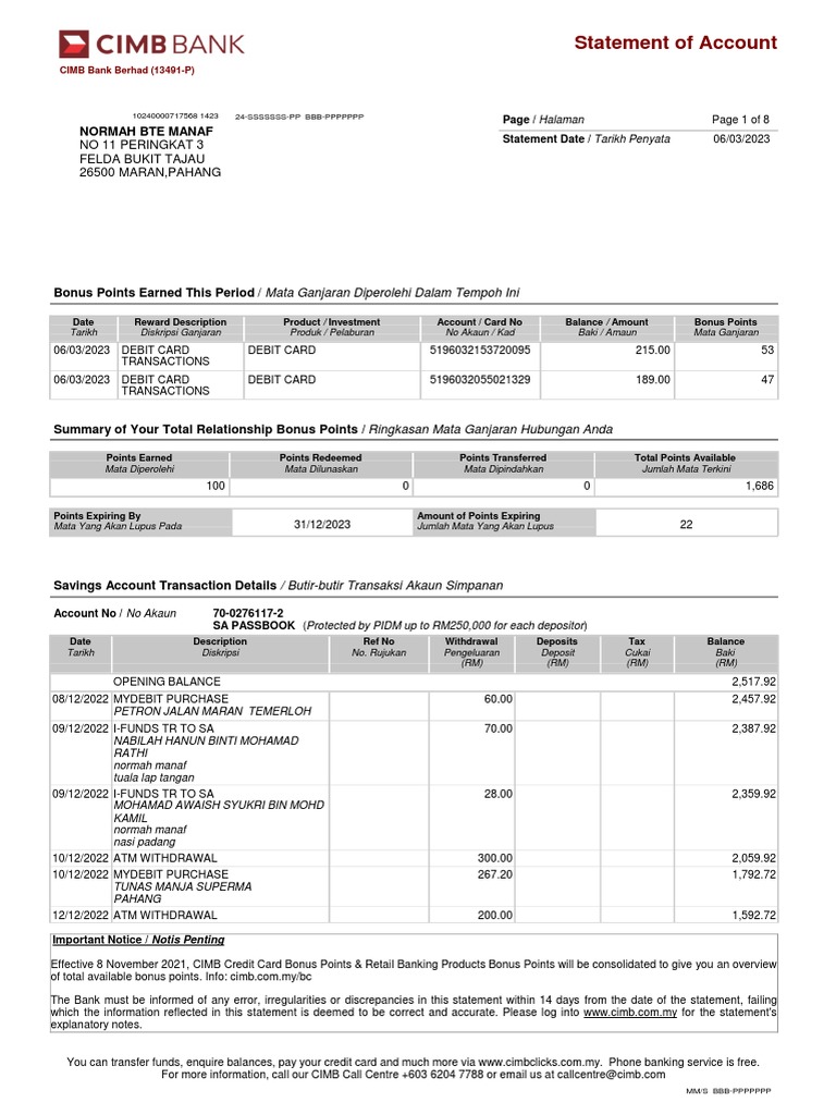Statement of Account: No 11 Peringkat 3 Felda Bukit Tajau 26500 MARAN, PAHANG | PDF | Debit Card ...