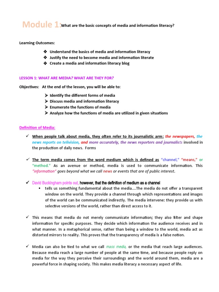 Mil Module 1 Lesson 1 To Lesson 4 | PDF | Mass Media | New Media Mil Module 1 Lesson 1 To Lesson 4 | PDF | Mass Media | New Media