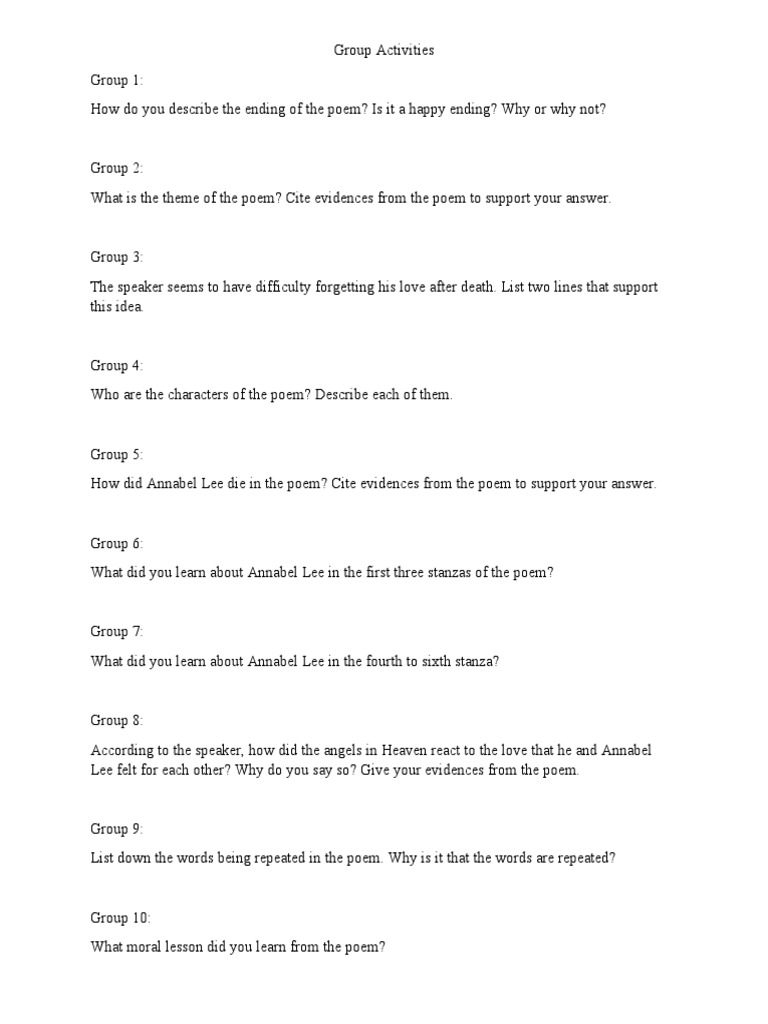 Group Activities Unit 1 Lesson 1 Annabel Lee | PDF | Language Arts ...