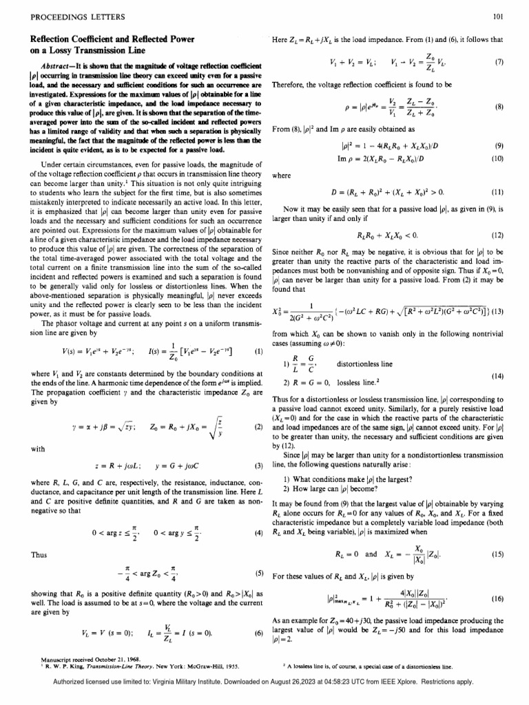 Reflection Coefficient and Reflected Power On A Lossy Transmission Line ...