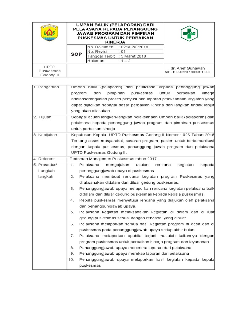 021 Sop Umpan Balik (Pelaporan) Dari Pelaksana Kepada Penanggung Jawab Program Dan Pimpinan ...