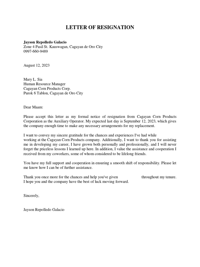 Sample Resignation Letter 1 | PDF