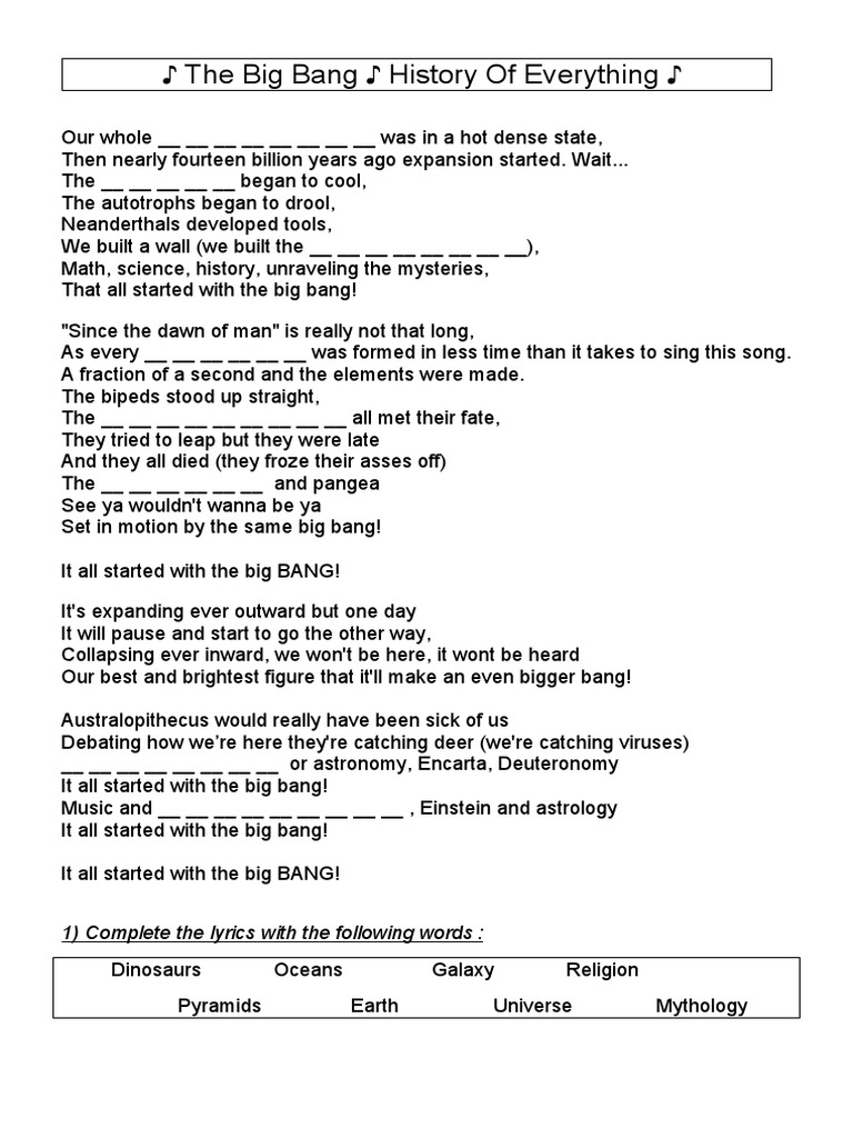 The Big Bang History of Everything : 1) Complete The Lyrics With The ...
