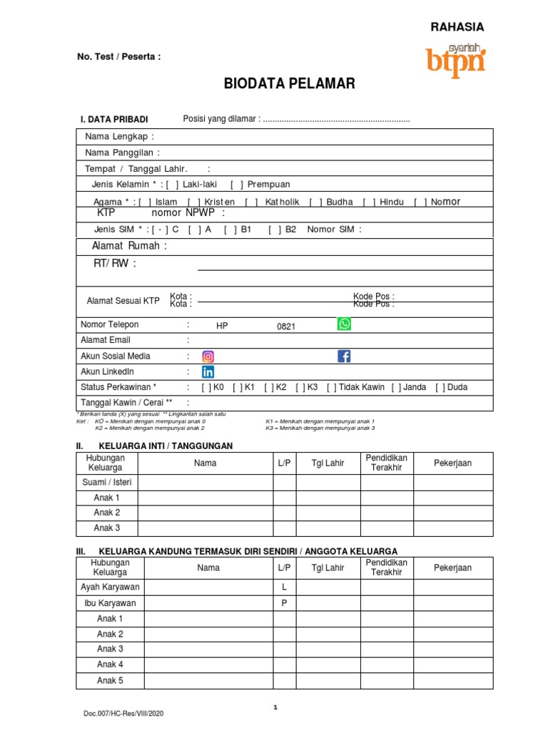 Form Biodata Pelamar - 2022-1 | PDF