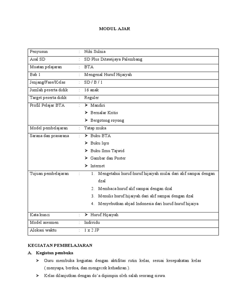 MODUL AJAR Bta Kelass 1 | PDF | Karier & Perkembangan