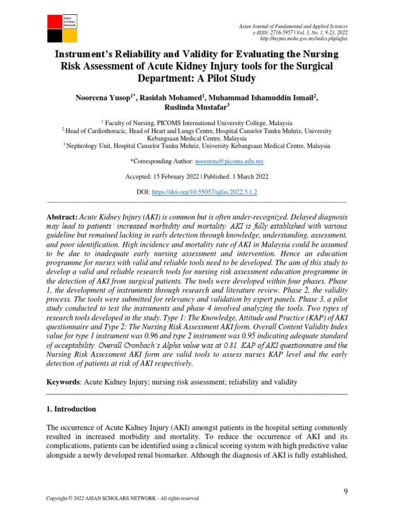 Instrument's Reliability and Validity For Evaluating The Nursing Risk ...