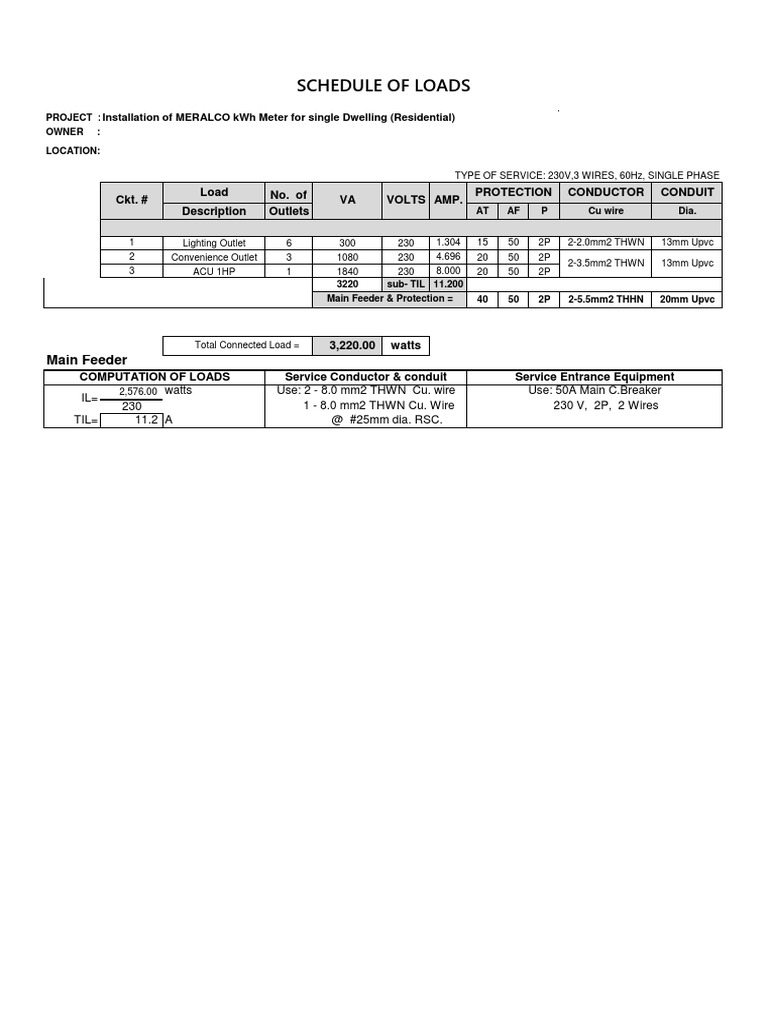 Single Storey Residential LOAD SCHEDULE . | PDF