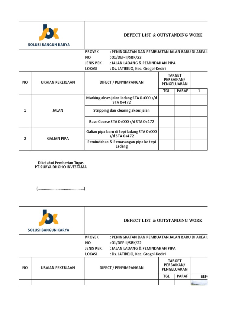 CONTOH Punchlist JALAN LADANG | PDF