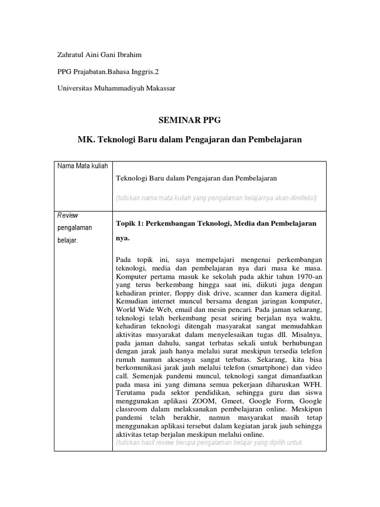 Jurnal Refleksi - Aini - Seminar PPG - TEKPEN | PDF