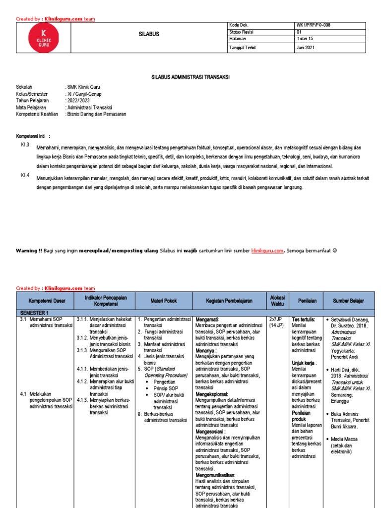 Silabus Adm Transaksi - Xi BDP | PDF
