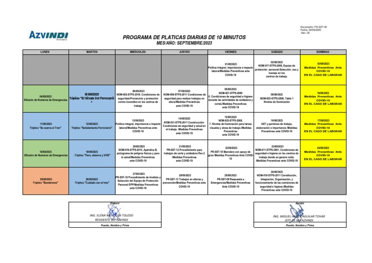 FO-SST-30 Programa de Pláticas Diarias de 10 Minutos - SEPTIEMBRE - 23 | PDF