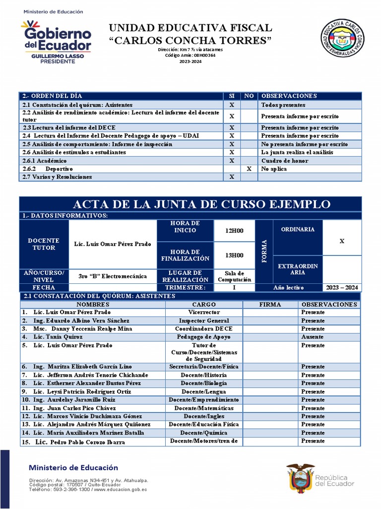 Acta de Junta de Curso 2023-2024 Ejemplo | PDF