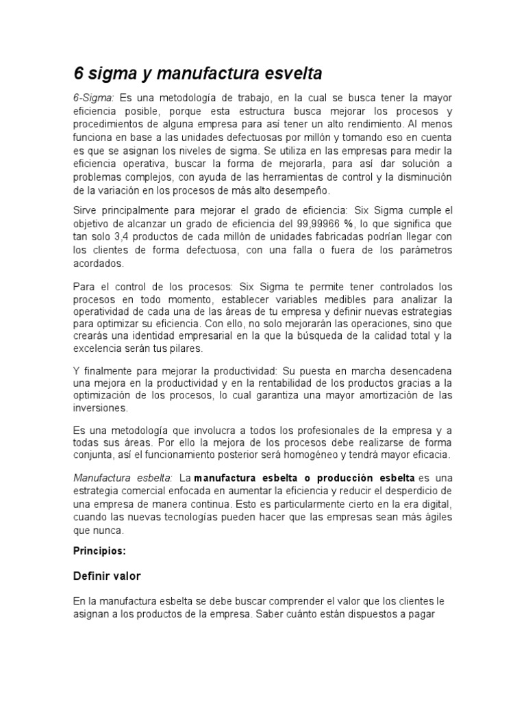 6 Sigma y Manufactura Esbelta | Descargar gratis PDF | Lean Manufacturing | Six Sigma