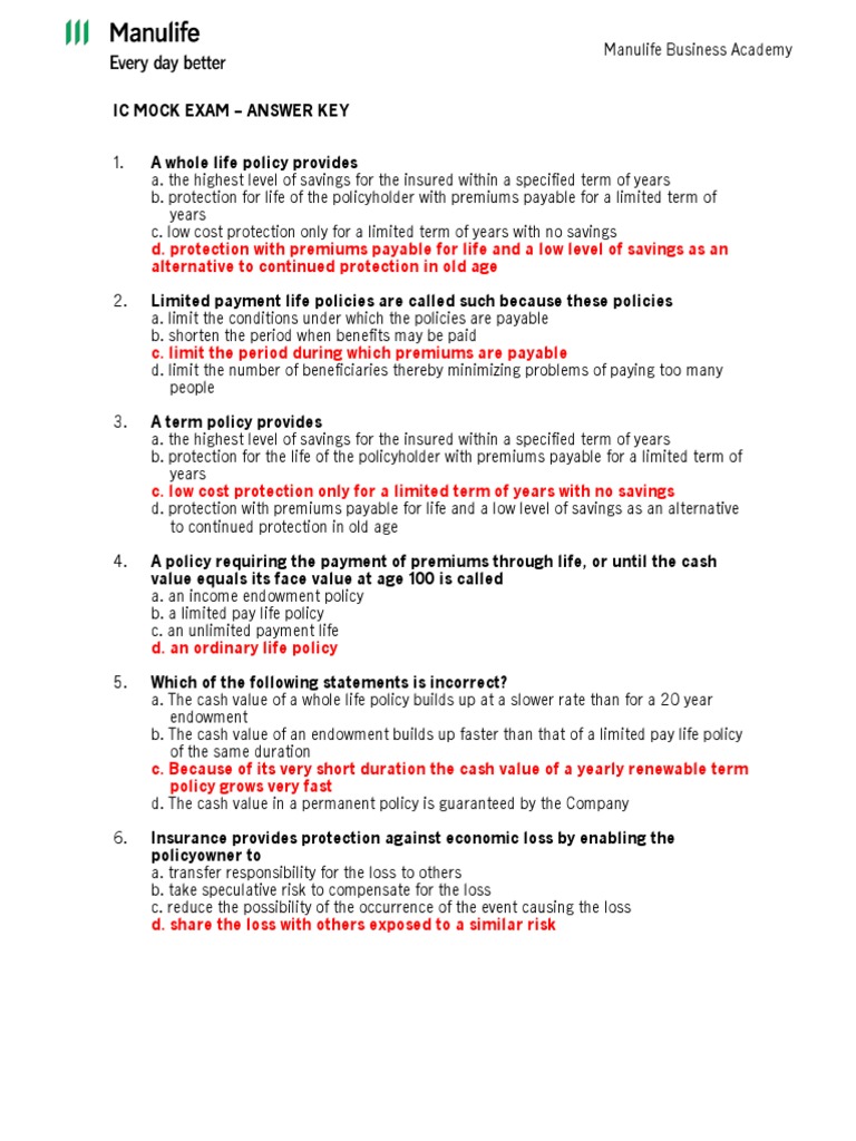 Life Insurance Exam Answer Key | PDF | Insurance | Life Insurance
