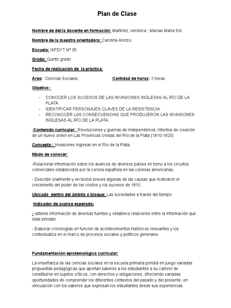 Plan de Clase Invasiones Inglesas | PDF | Maestros | Educación primaria