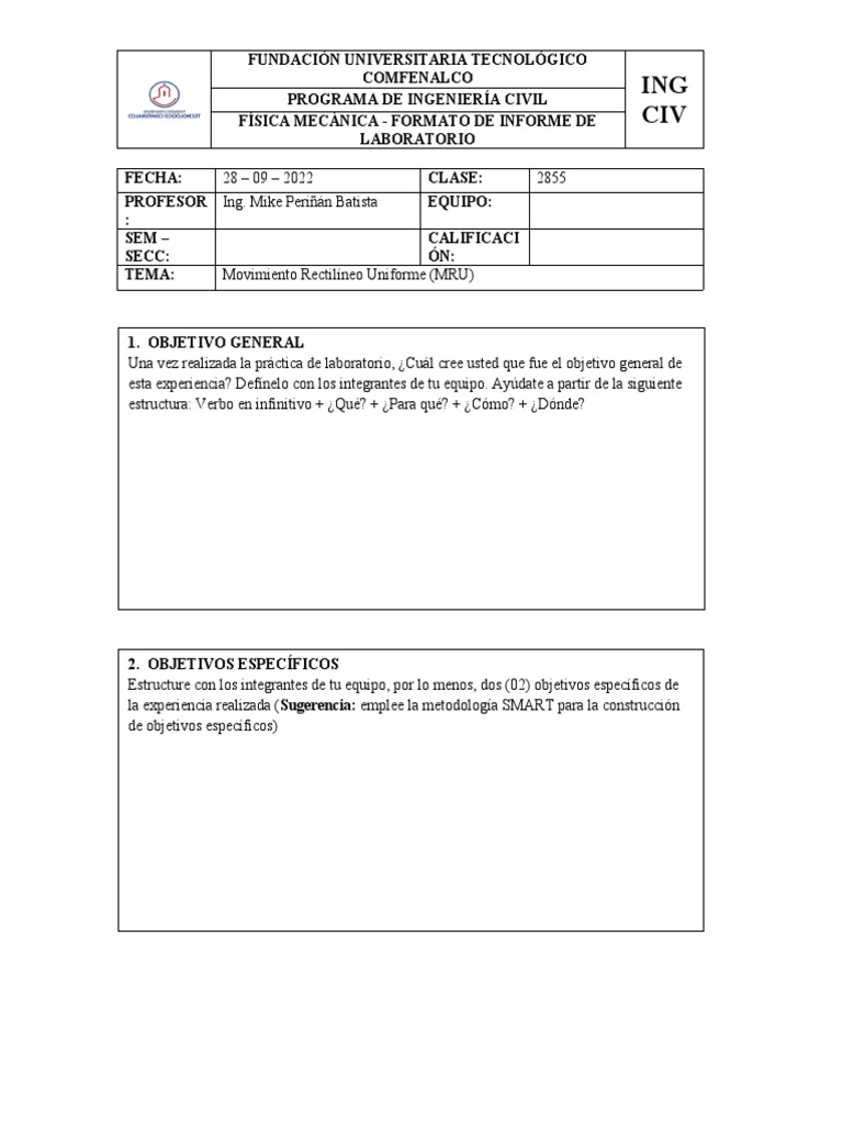 Formato Informe de Laboratorio - Clase 2855 Práctica 2 (MRU - Experimentos Varios) | PDF | Youtube