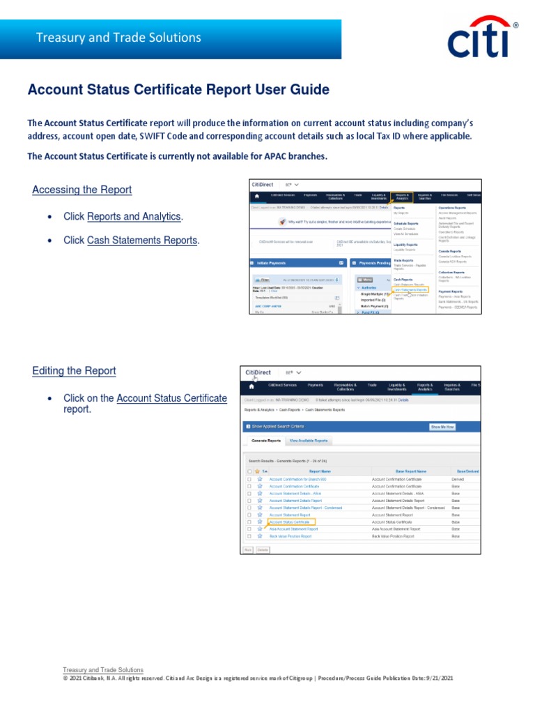 CitiDirect BE Account Status Certificate Report User Guide | PDF | Citigroup | Citibank