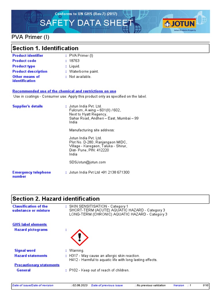 Jotun PVA Primer Safety Data Sheet | PDF | Toxicity | Firefighter