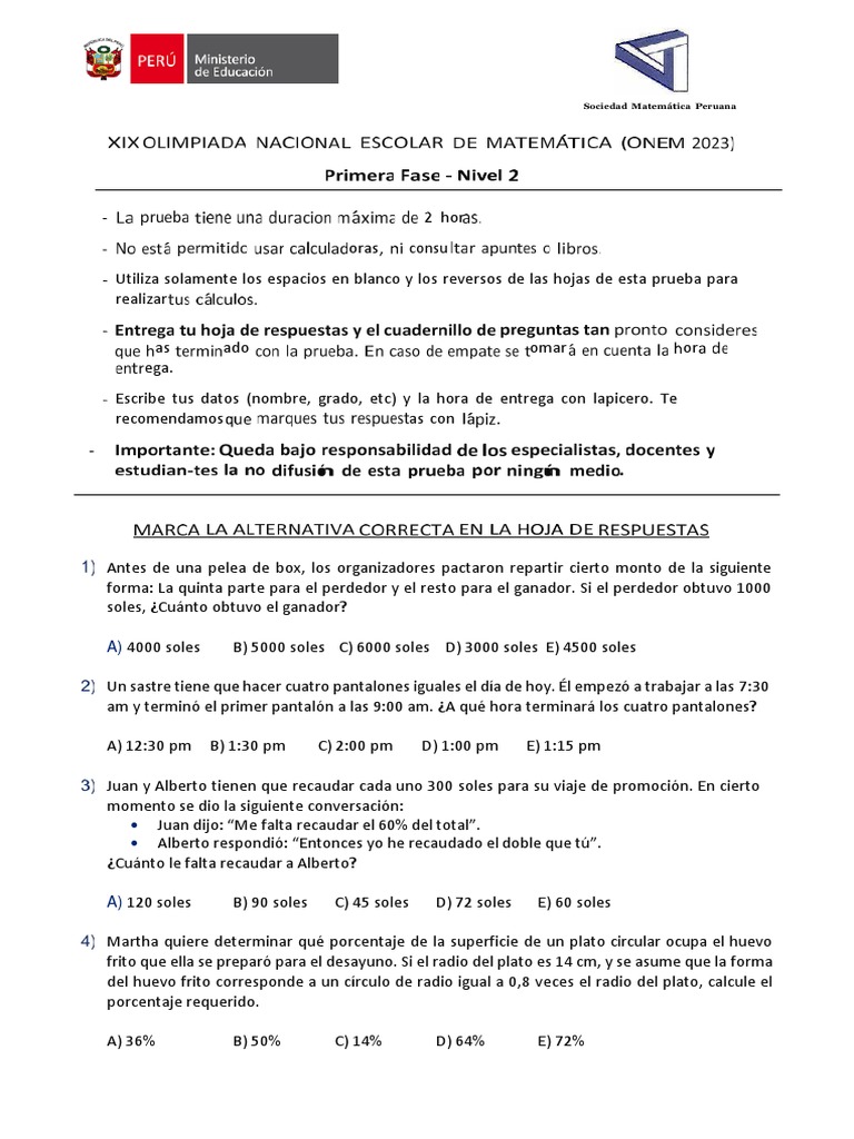 Prueba de Onem 2023 Nivel 2 | PDF | Triángulo | Geometría euclidiana