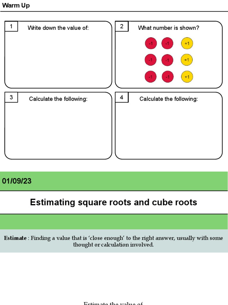 Estimating Square Roots and Cubes | PDF | Square Root | Area
