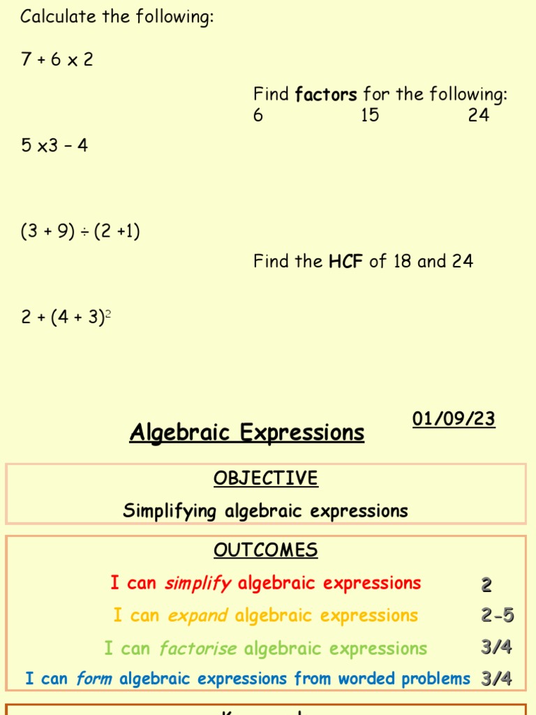 1 Algebraic Expressions (Simplify Expand Factorise Sub) A | PDF | Factorization | Mathematics