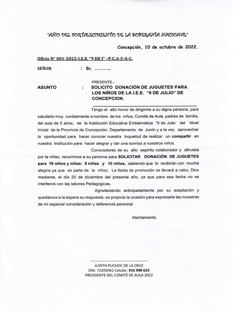 Oficio Donación de Juguetes Colegio 9 de Julio | PDF