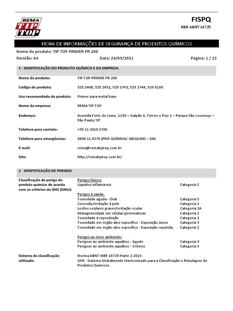 FISPQ TIP TOP PRIMER PR 200 Rev. 4 | PDF | Química | Ciências Físicas
