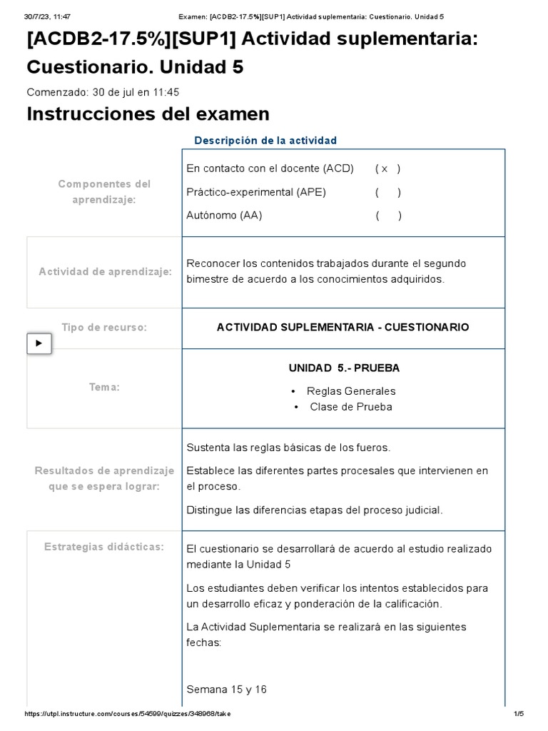 Examen - (ACDB2-17.5%) (SUP1) Actividad Suplementaria - Cuestionario. Unidad 5 | PDF | Cuestionario