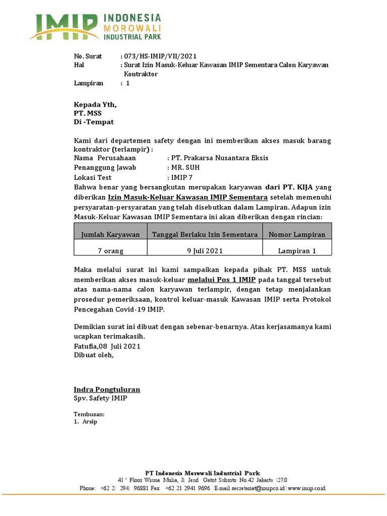 Format Surat Izin Masuk Kawasan Sementara Bagi Calon Karyawan ...