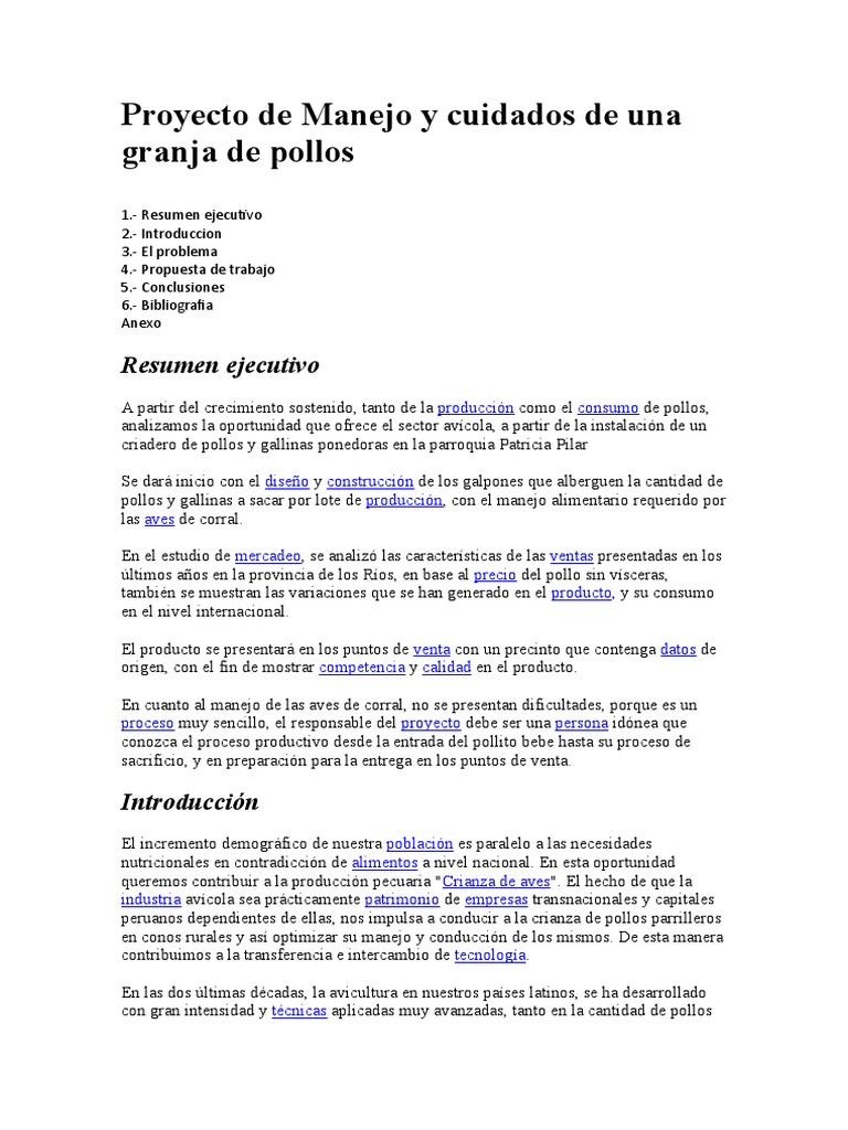 Proyecto de Manejo y Cuidados de Una Granja de Pollos | PDF | Pollo | Carne