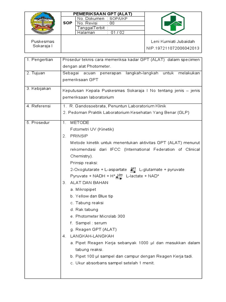 015 Sop Pemeriksaan GPT (Alat) | PDF