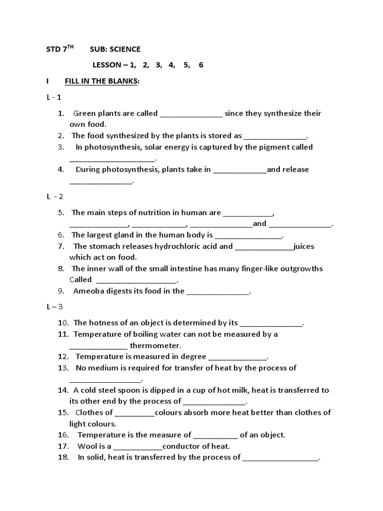 7th Grade Science Fill-in-the-Blanks | PDF | Digestion | Chemistry