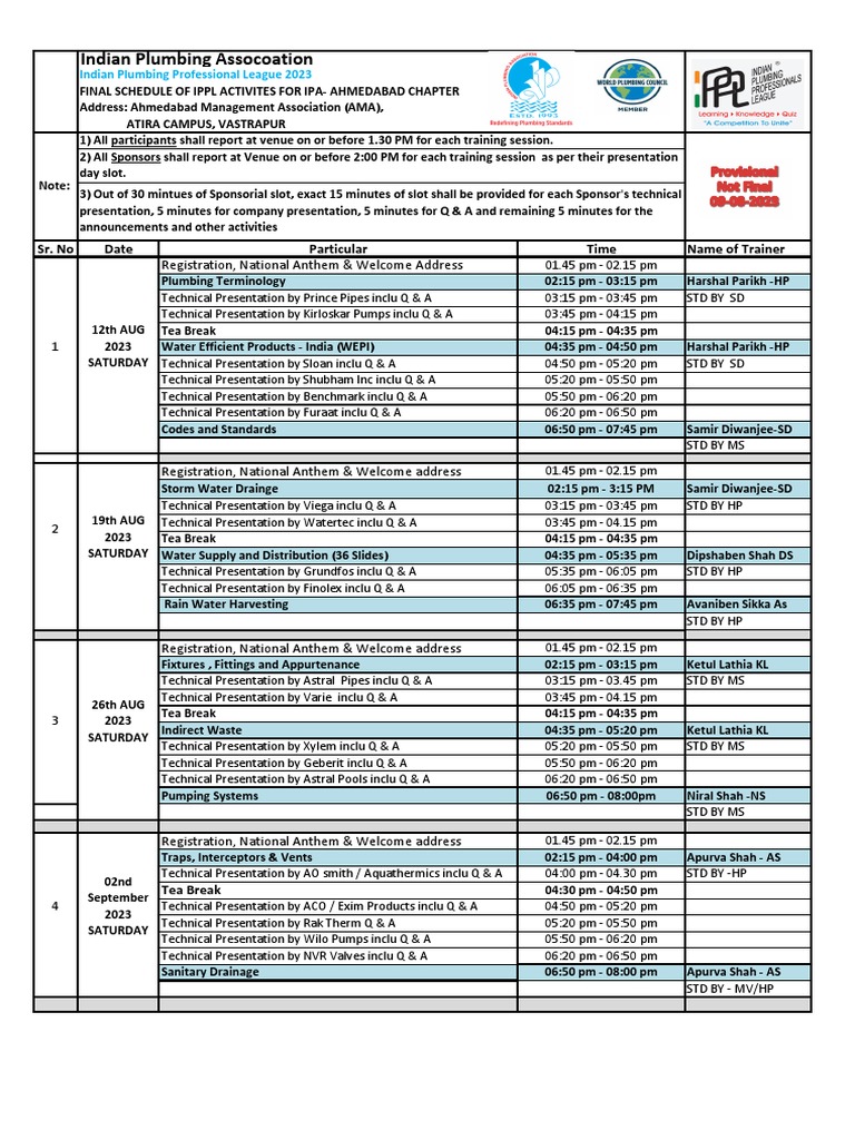 Provisional Time Table - IPPL 2023 - MS As On 10-08-2023 | PDF | Water ...