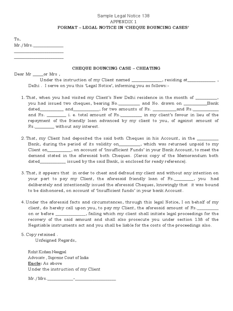Sample Legal Notice 138 | PDF | Cheque | Banks