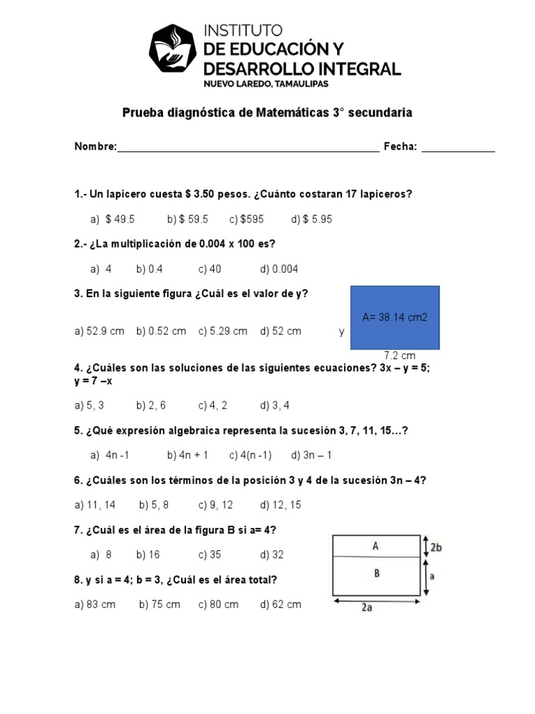 Prueba Diagnóstica de Matemáticas 3 | PDF | Matemática Elemental ...