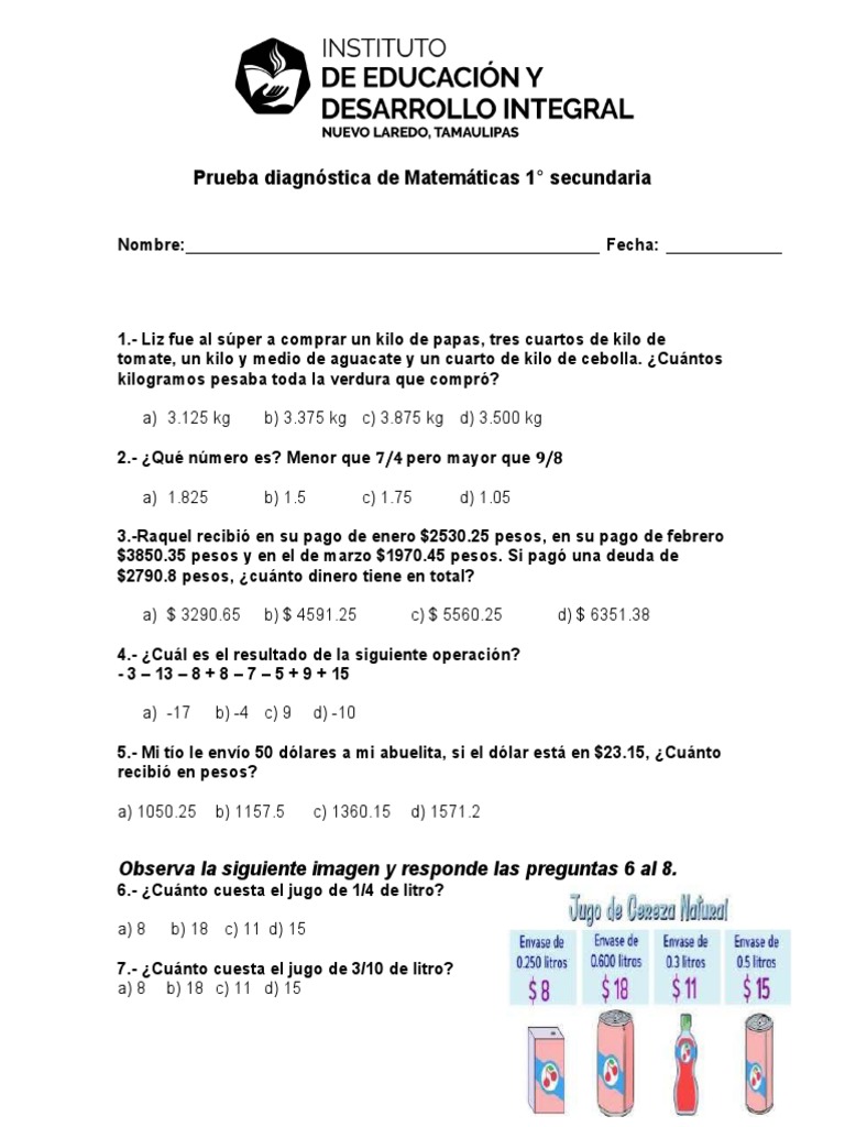 Prueba Diagnóstica de Matemáticas 1 | PDF