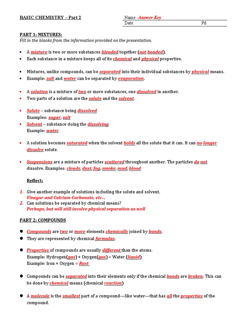 Basic Chemistry Answer Key: Part 2 | PDF | Chemical Compounds ...