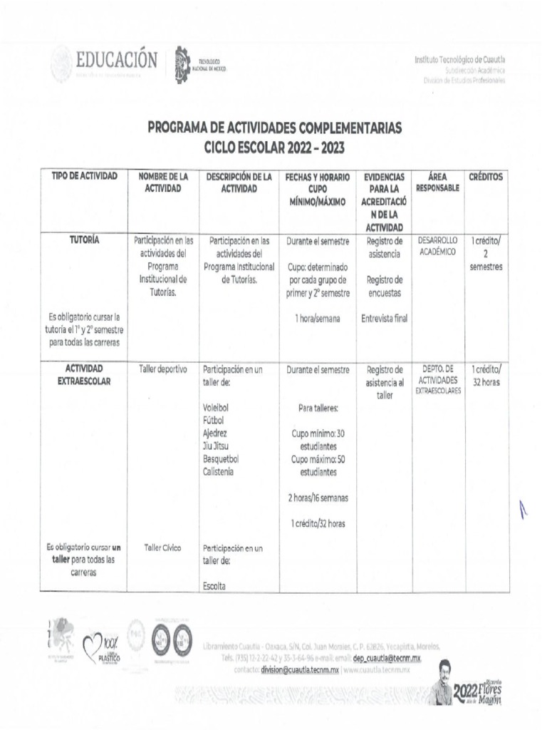 Programa de Actividades Complementarias Ciclo Escolar 2022 - 2023 | PDF