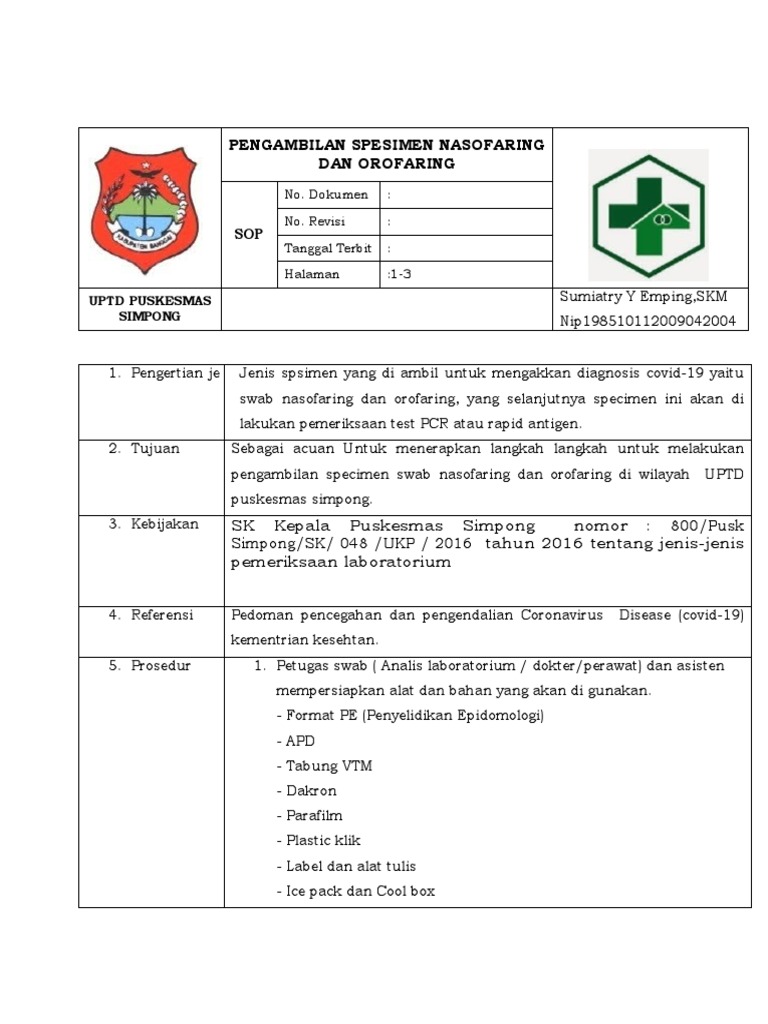Pengambilan Spesimen Nasofaring Dan Orofaring | PDF