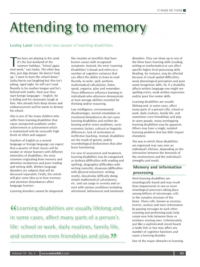 Two Causes of Learning Disabilities | PDF | Learning Disability | Memory