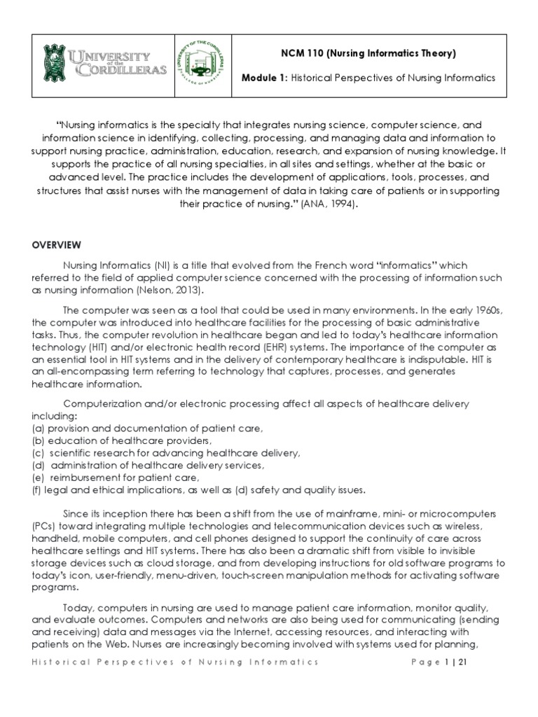 NCM 110 Module 1 Historical Perspectives of Nursing Informatics | PDF | Health Informatics | Nursing