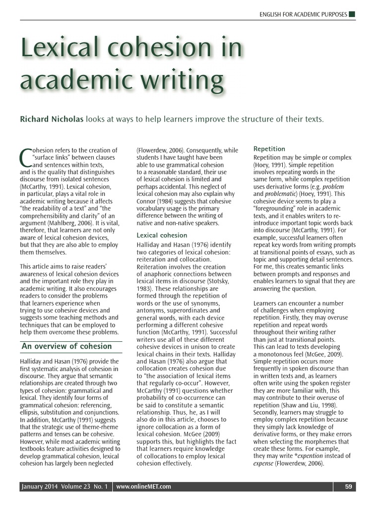 Lexical Cohesion In Academic Writing Pdf Lexical Semantics Vocabulary