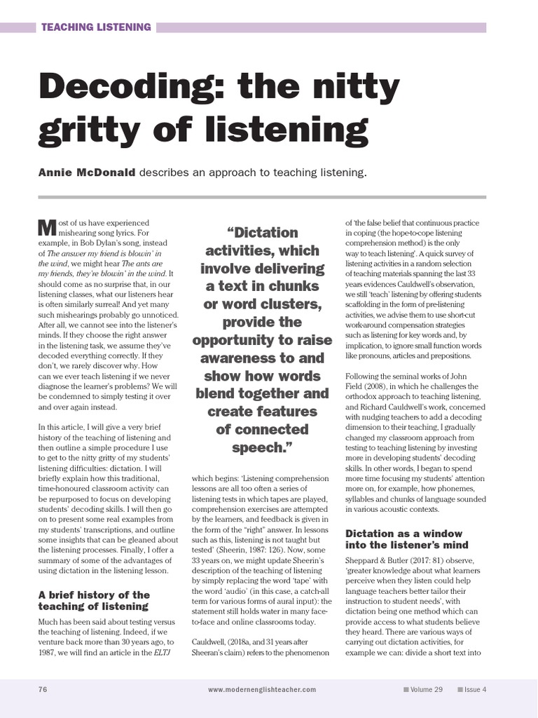 Dictation - an approach to teaching listening | PDF | Word | Speech