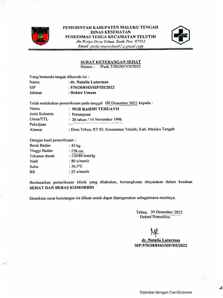Surat Keterangan Sehat '' | PDF